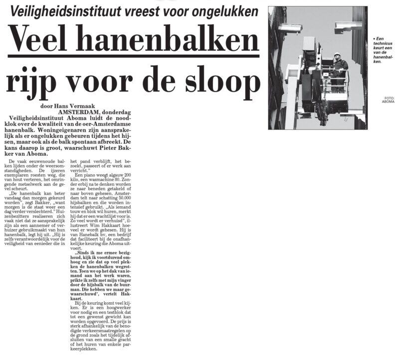 Hanebalk BV. in Telegraaf - Hanebalk